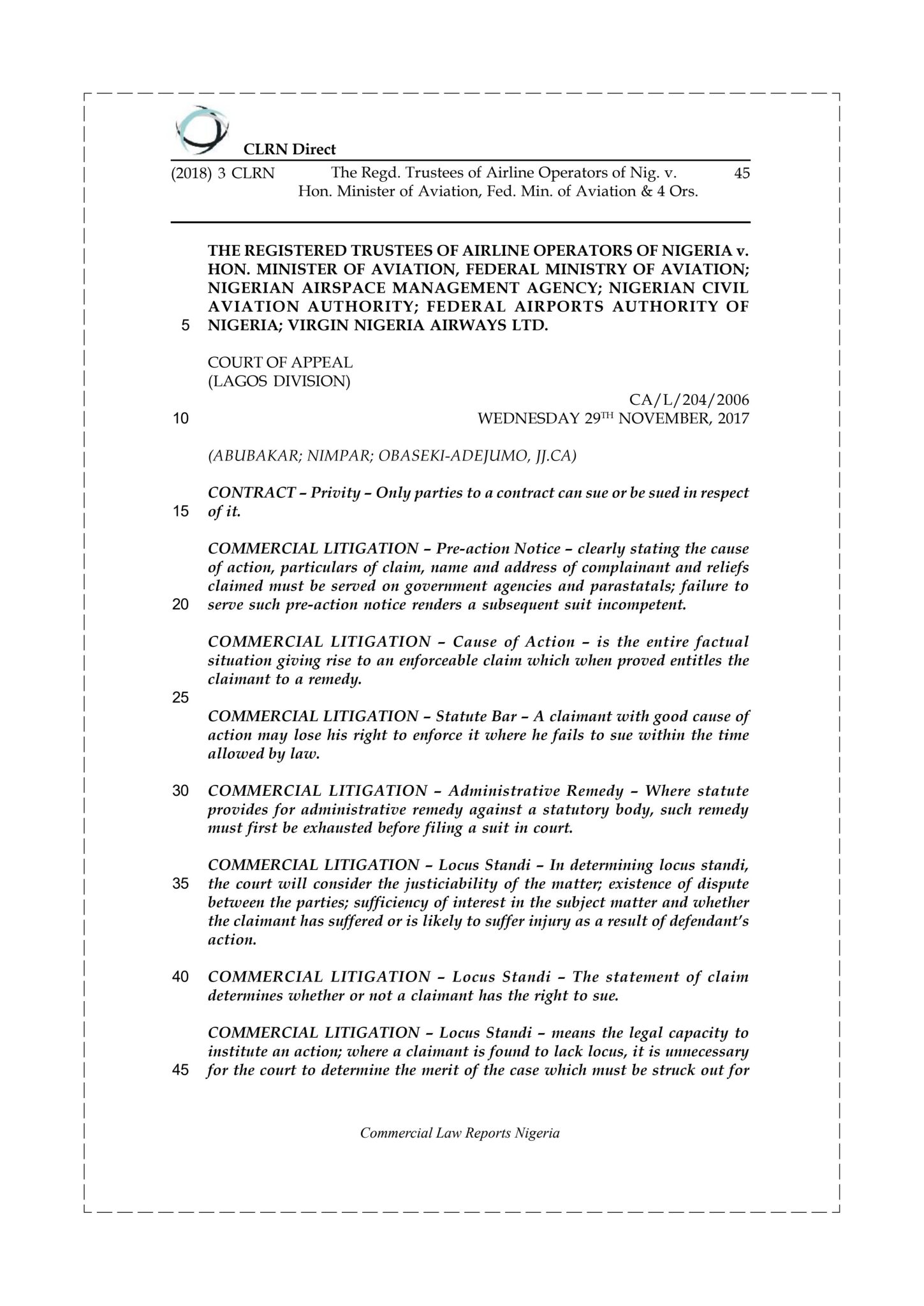 The Regd. Trustees of Airline Operators of Nig. v. Hon. Minister of ...